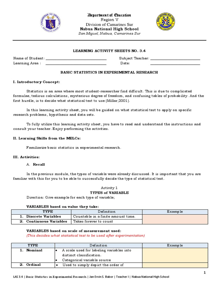 LAS 3.4 Basic Statistics in Experimental Research No Answer Key | PDF ...