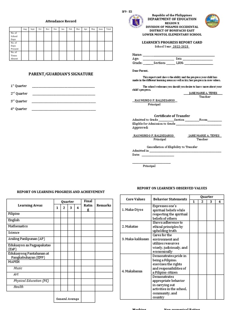 SF 9 - ES ( (Learner's Progress Report Card) | PDF | Cognition