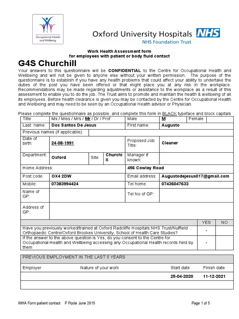 G4S Churchill: Work Health Assessment Form For Employees With Patient ...