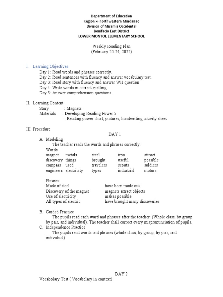 Weekly Reading Plan G5 Magnets | PDF | Compass | Vocabulary