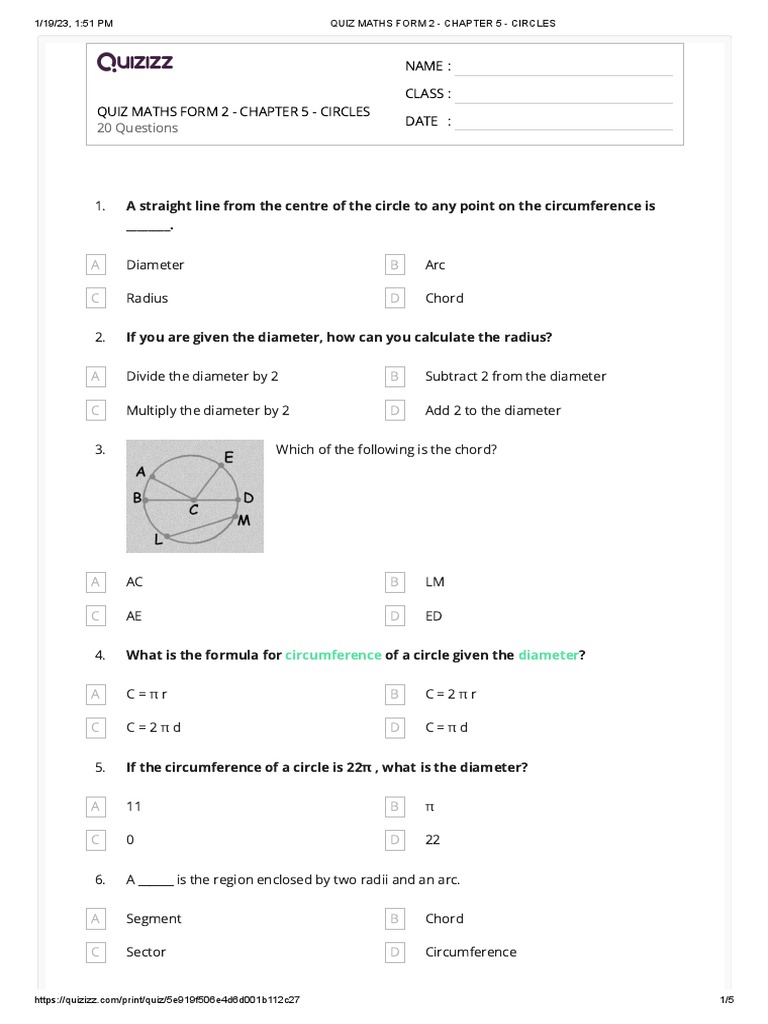 Quiz Maths Form 2 - Chapter 5 - Circles | PDF | Circle | Area