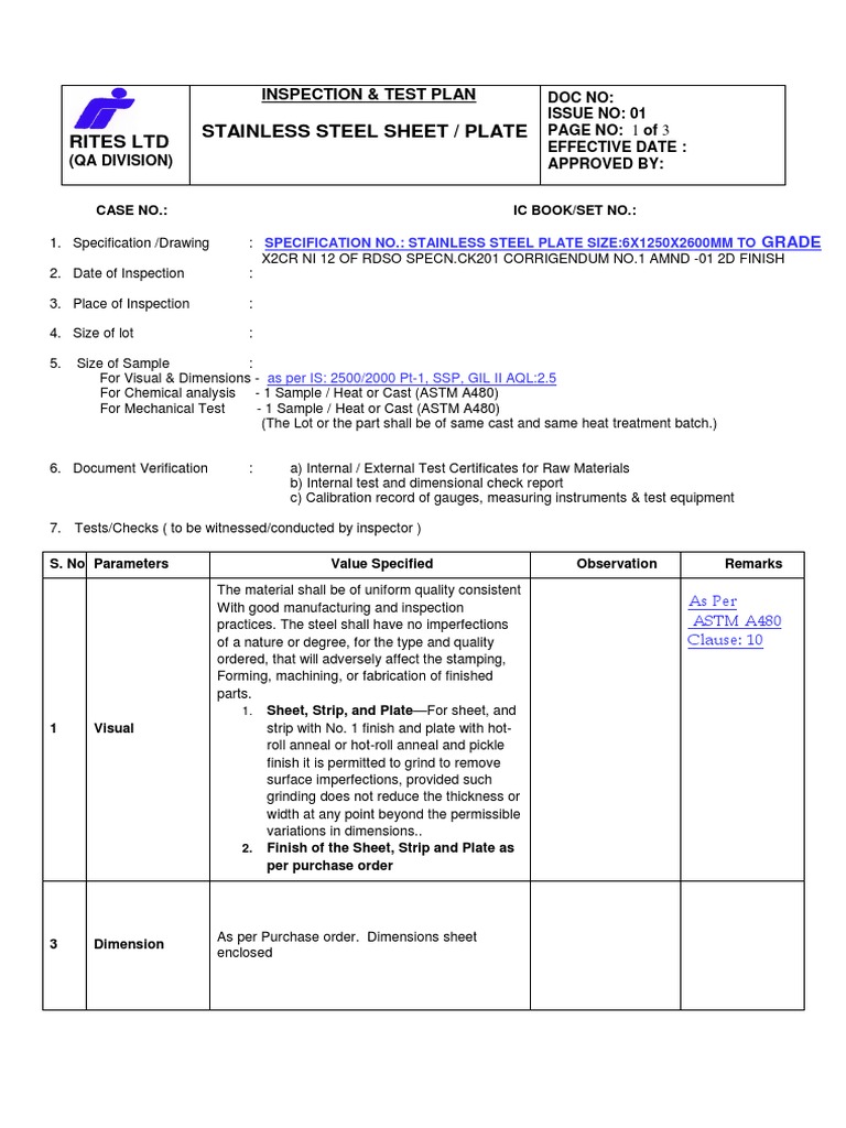 Rites LTD Stainless Steel Sheet / Plate: Inspection & Test Plan | PDF ...