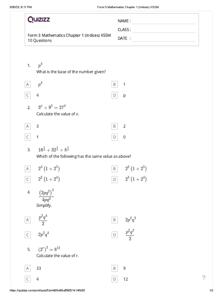 Form 3 Mathematics Chapter 1 (Indices) KSSM | Download Free PDF ...