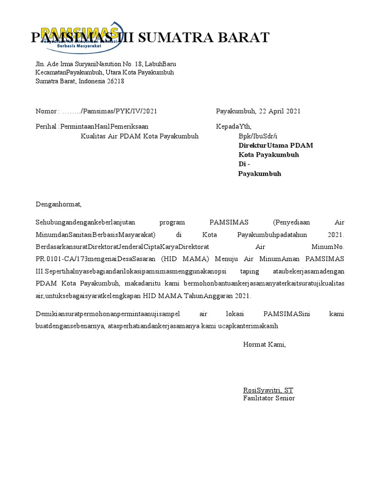 Surat Permintaan Ke PDAM (Pengantian Pipa Induk) | PDF
