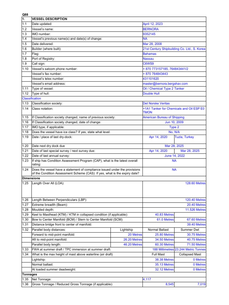 Q88 1. Vessel Description | PDF | Tonnage | Ships