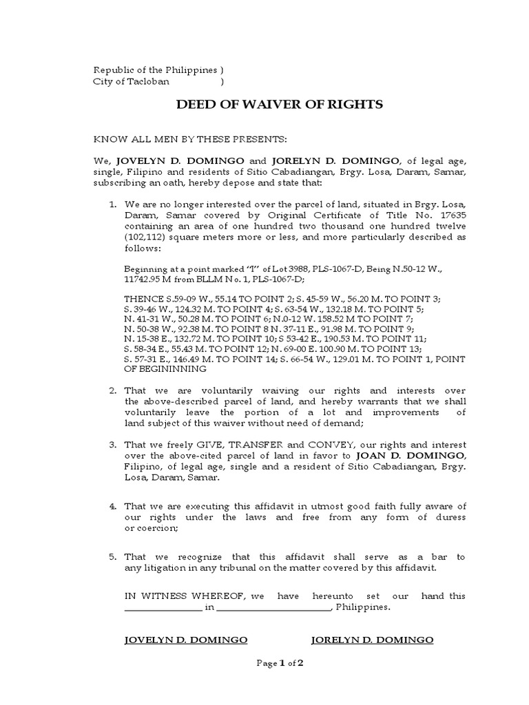 Deed of Waiver of Rights | PDF | Affidavit | Government And Personhood Deed of Waiver of Rights | PDF | Affidavit | Government And Personhood