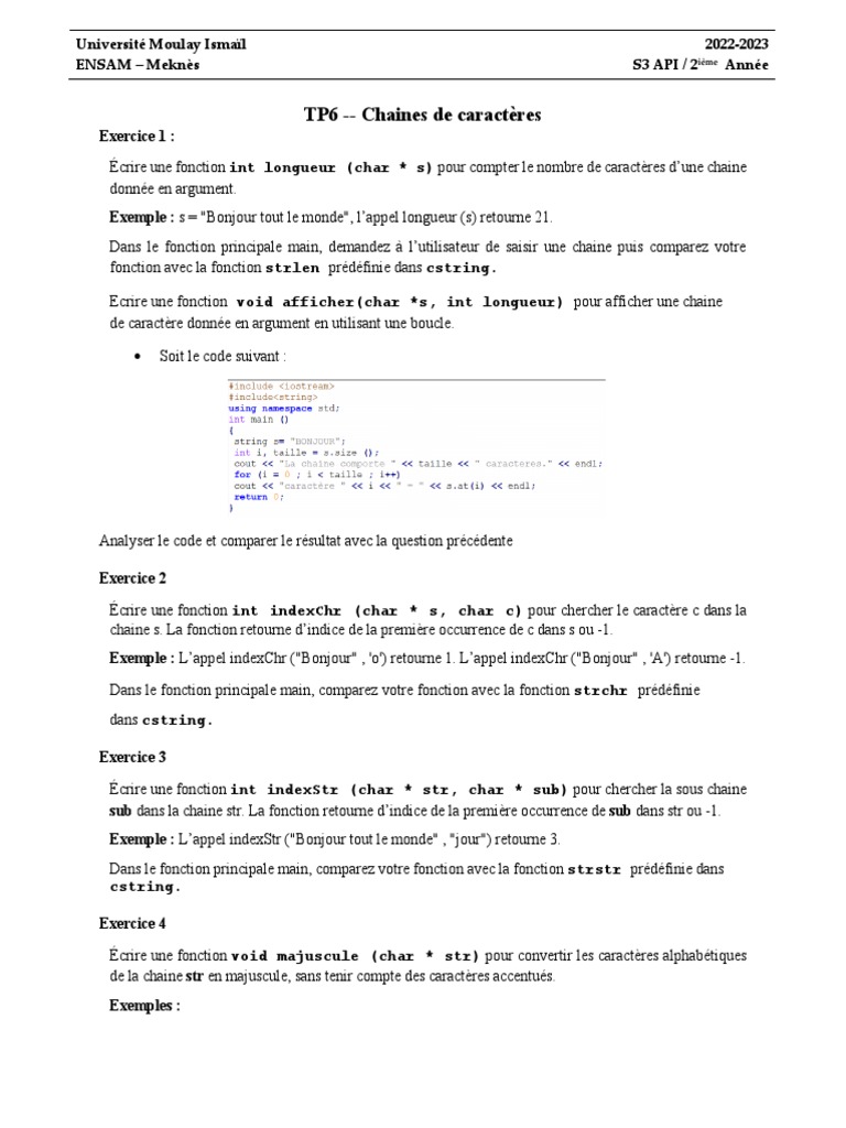 TP6 - Chaines de Caractères: Université Moulay Ismaïl ENSAM - Meknès 2022-2023 S3 Api / 2 Année ...