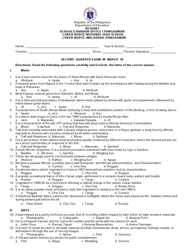 MAPEH 10 Second Quarter Exam Guide | PDF | Basketball Positions