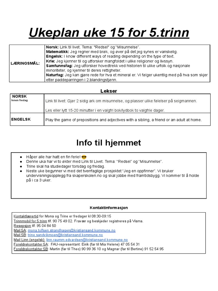 Ukeplan Uke 15 For 5.trinn: Info Til Hjemmet | PDF