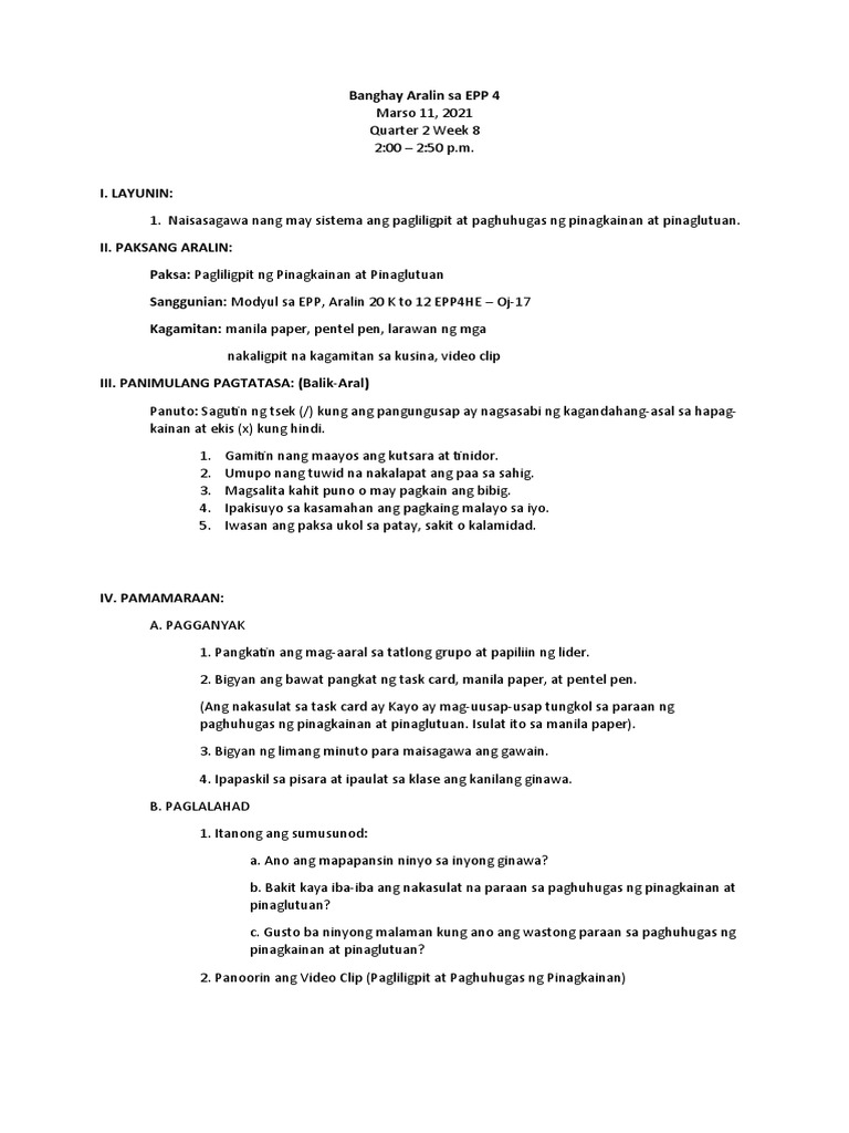 Banghay Aralin Sa EPP 4 | PDF Banghay Aralin Sa EPP 4 | PDF