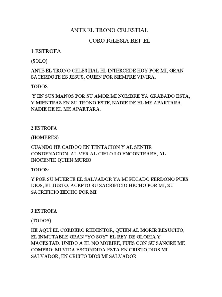 Ante El Trono Celestial Coro Iglesia Bet-El 1 Estrofa | PDF