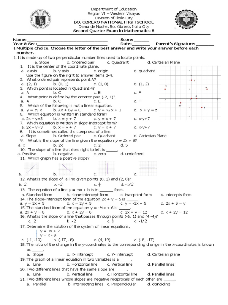 Mathematics Exam for Grade 8 Students Focused on Linear Equations ...