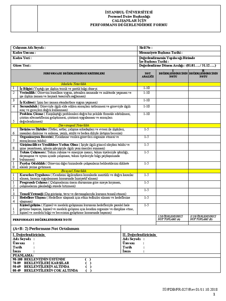 Iu PDB FR 027 Performans Degerlendirme Formu (Calisanlar Icin) | PDF