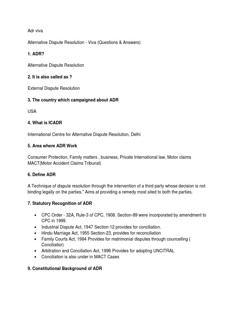 ADR Viva Questions 1 | PDF | Alternative Dispute Resolution | Mediation