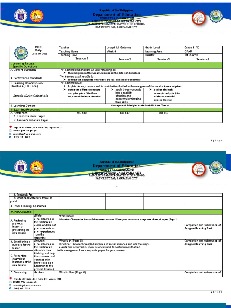 Shs Daily Lesson in DISS JMG W4 | PDF | Concept | Science