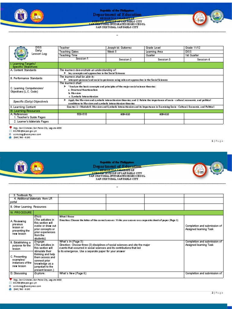 Shs Daily Lesson in DISS JMG W5 | Download Free PDF | Concept | Learning