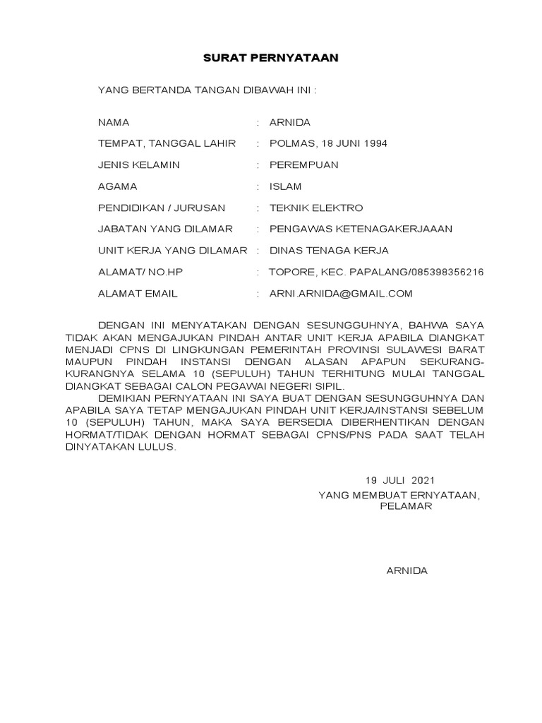 Surat Pernyataan CPNS Arnida 2021 | PDF