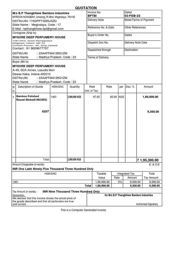 Quotation: M/s B.P Thangkhiew Bamboo Industries Bptbi 03-FEB-23 | PDF ...
