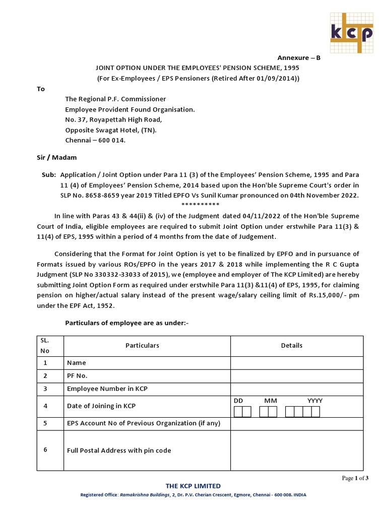 Joint Option for Higher Pension Application | PDF | Employment ...