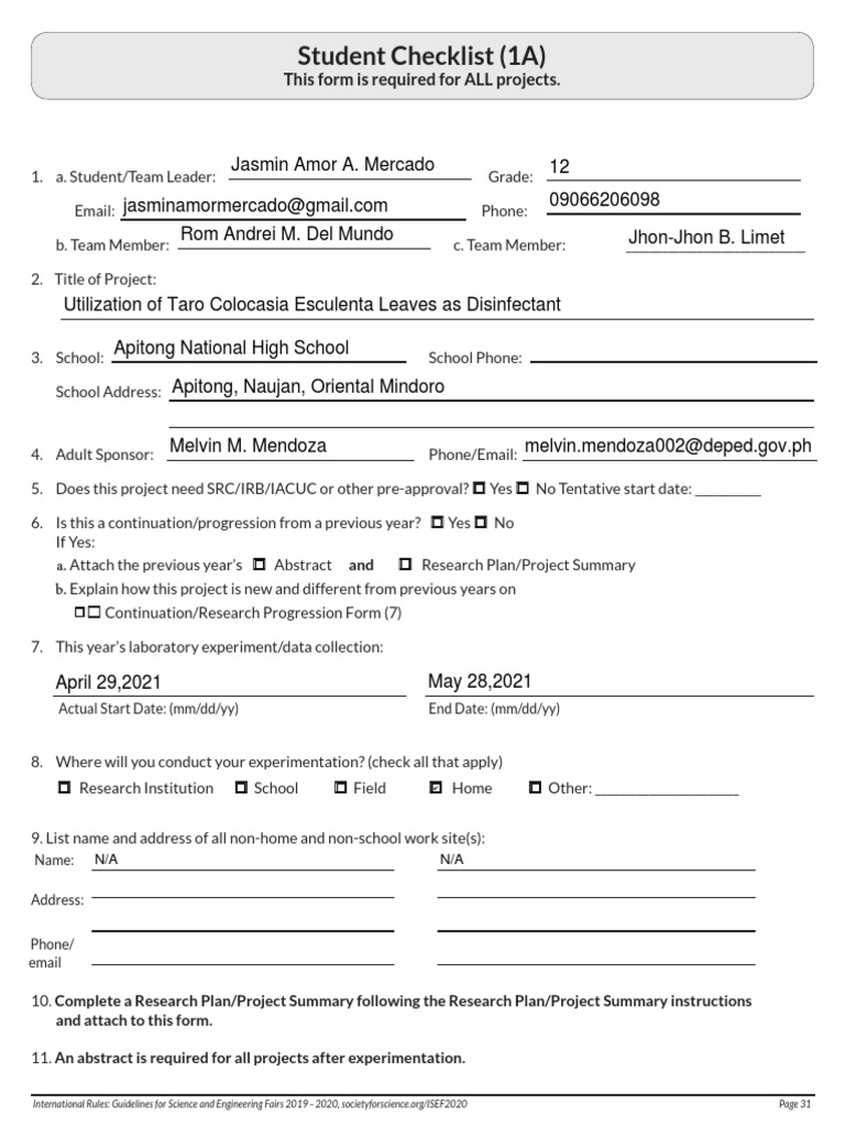 1A Student Checklist Research Plan Instructions | PDF | Risk | Risk ...