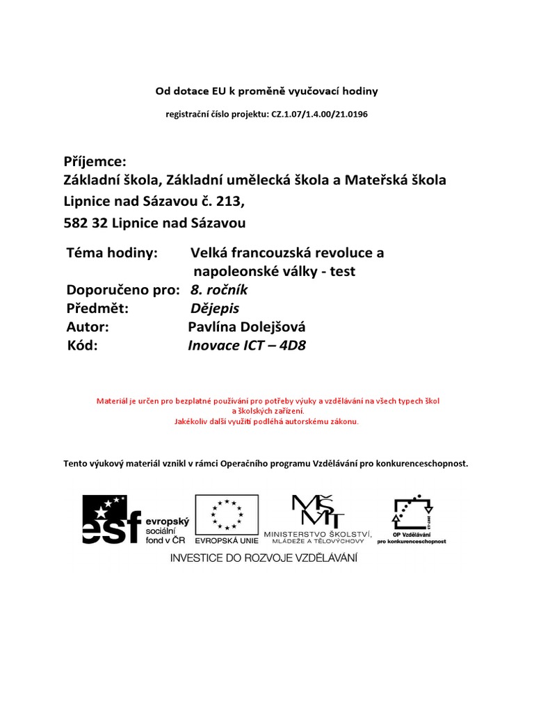 Velká Francouzská Revoluce A Napoleonské Války Test | PDF