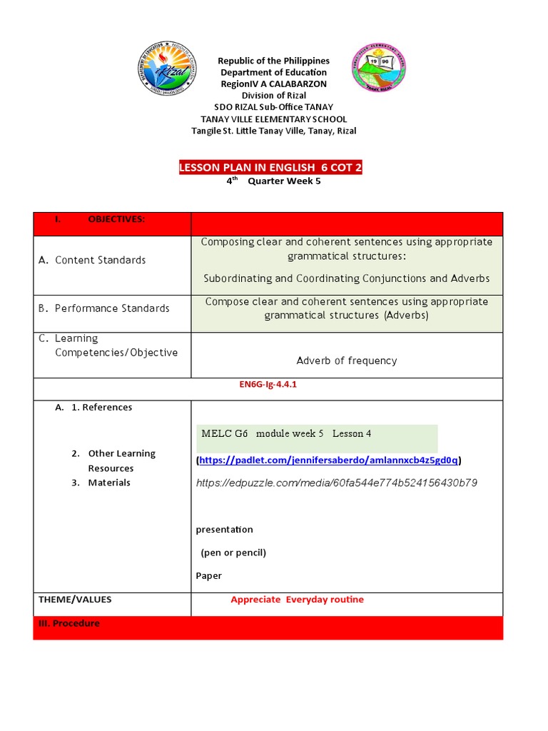 Lesson Plan in English 6 Cot 2C: 4 Quarter Week 5 I. Objectives | PDF ...