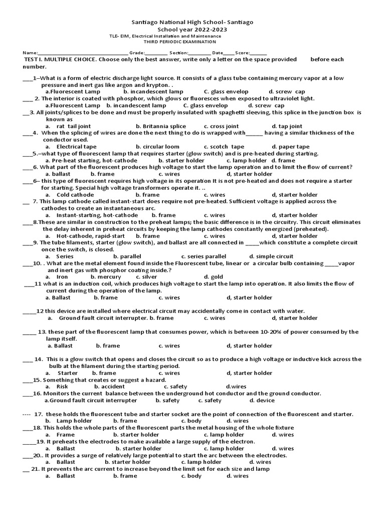 Third Periodic Exam Eim.2023 | PDF | Incandescent Light Bulb | Fluorescent Lamp