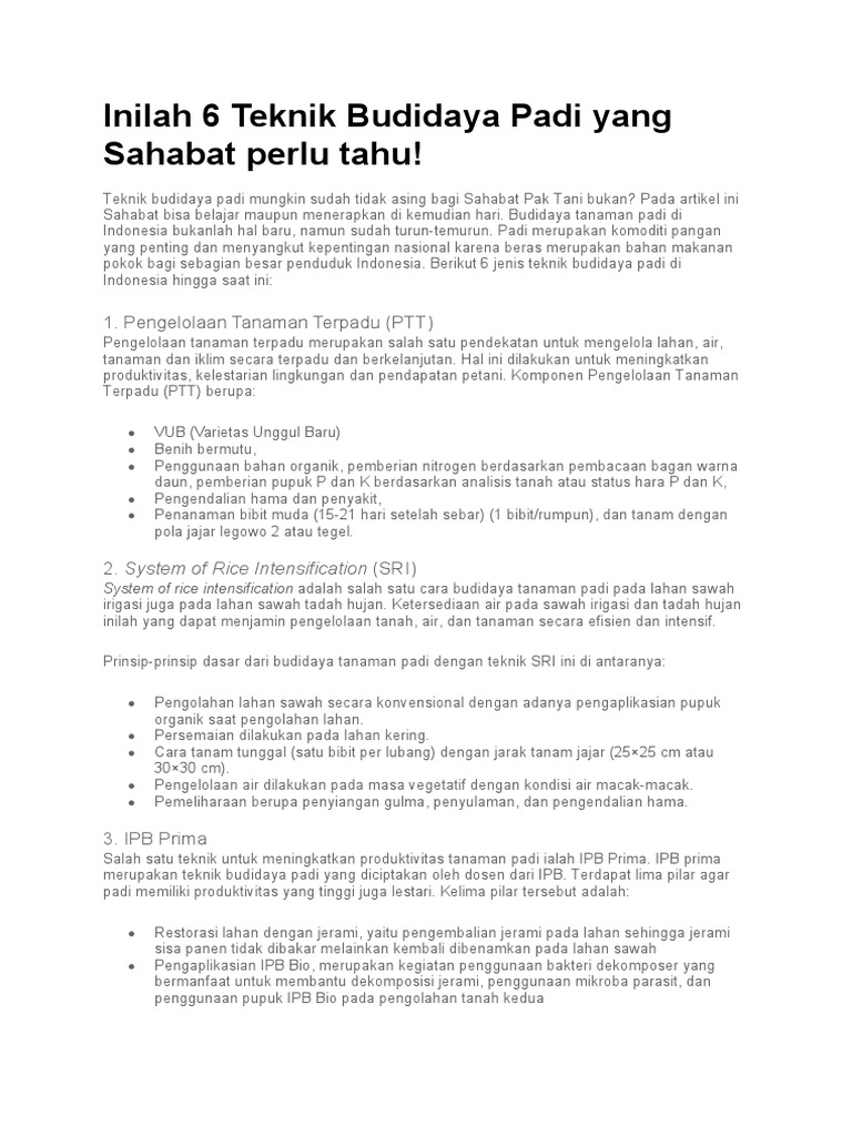 Inilah 6 Teknik Budidaya Padi | PDF