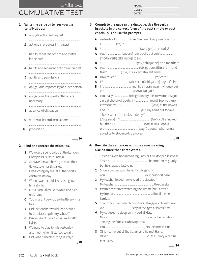 Talent Level 2 Cumulative Tests Unit 1-4 | PDF