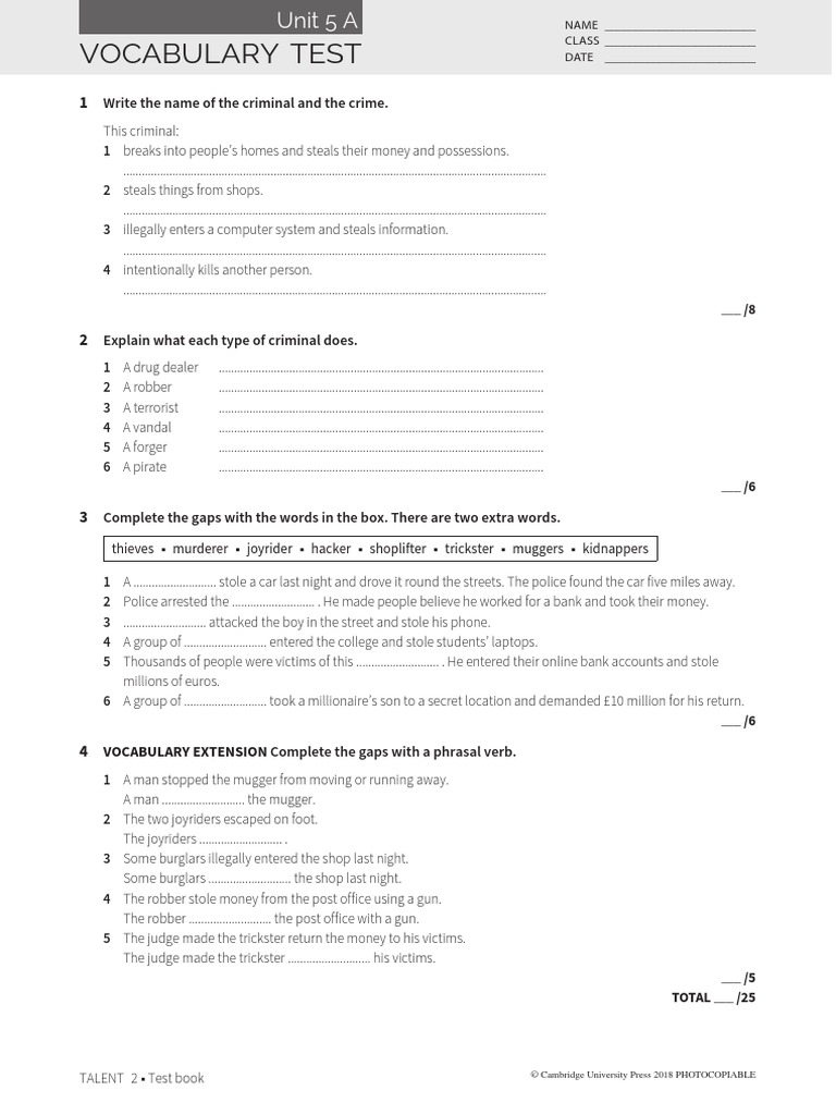 Talent Level 2 Vocabulary Tests Unit 5 | PDF | Burglary | Criminology