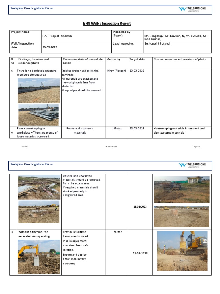 EHS Walk / Inspection: Welspun One Logistics Parks | PDF