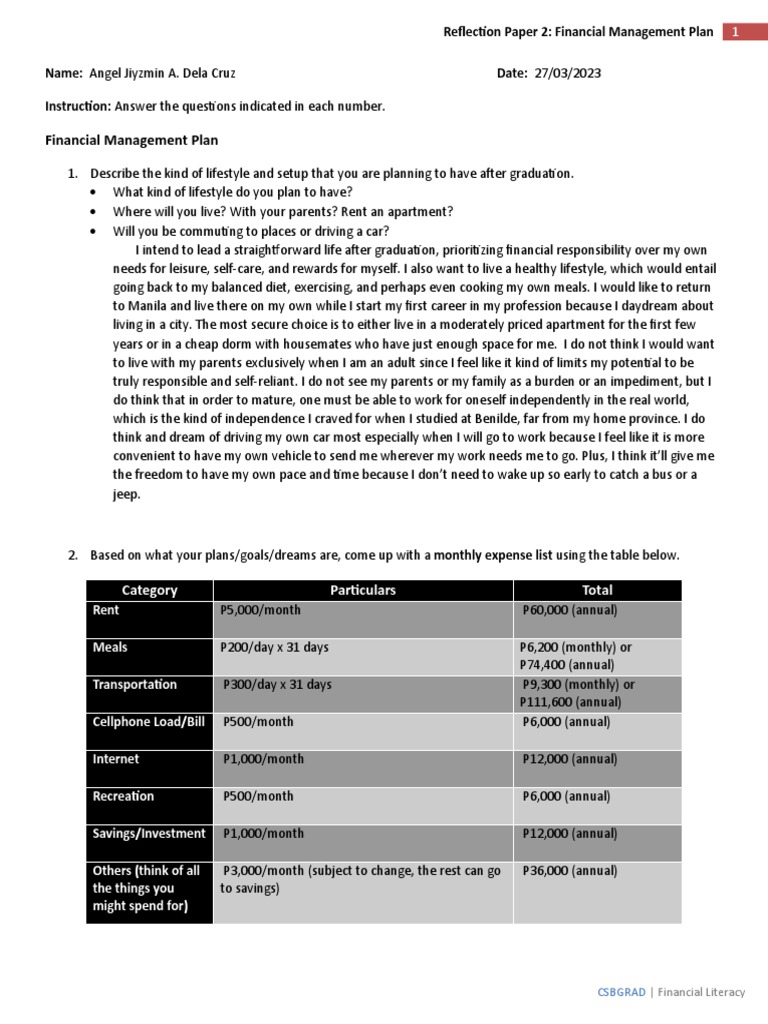 Reflection Paper 2 - Financial Management Plan | PDF | Money ...