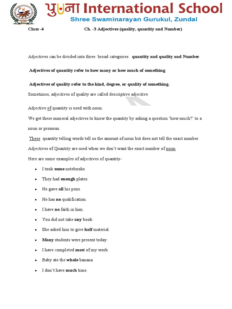 Class - 4 Ch. - 3 Adjectives (Quality, Quantity and Number) | PDF ...