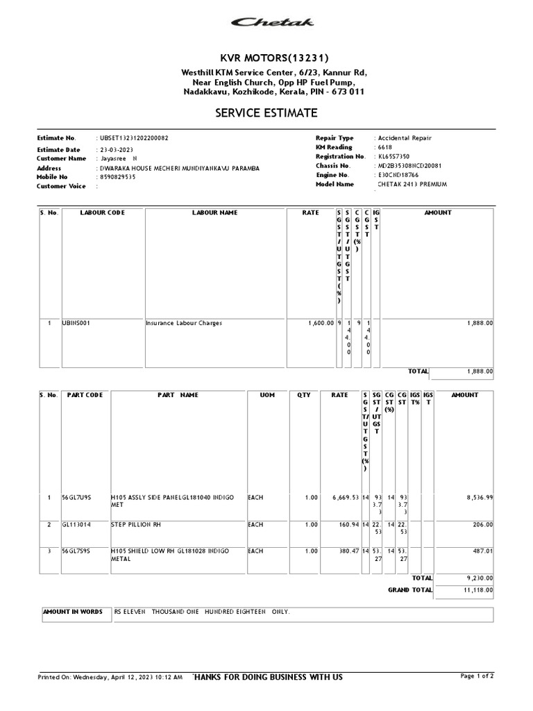 Service Estimate: KVR MOTORS (13231) | PDF | Motor Vehicle | Automotive ...