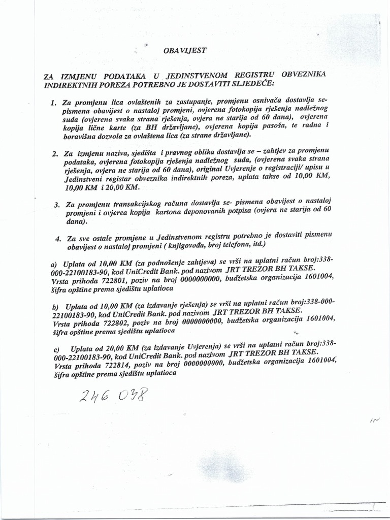 Obavijest Za Izmjenu Podataka Uino | PDF