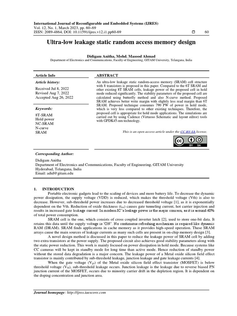 Ultra Low Leakage Static Random Access Memory Design Pdf Mosfet Random Access Memory