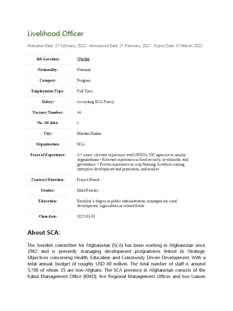 Livelihood Officer Job in Wardak | PDF | Disaster Risk Reduction | Wash