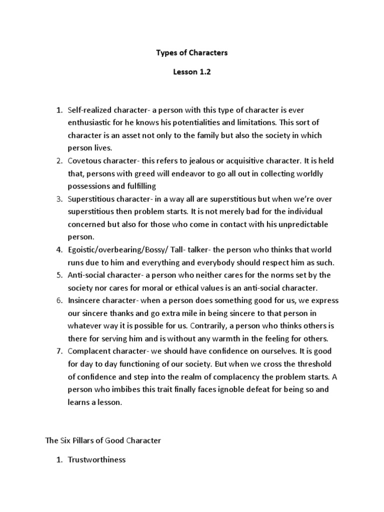 Types of Characters Lesson 1.2 | PDF | Integrity | Loyalty