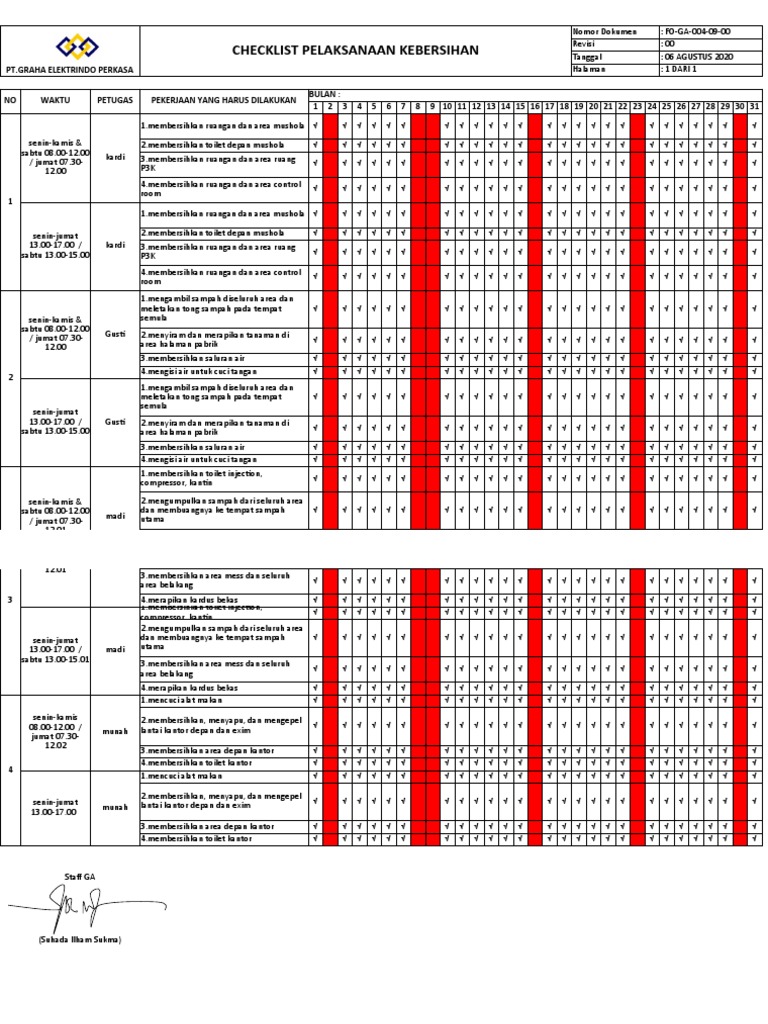 4.fo-Ga-004-09-00 Checklist Pelaksanaan Kebersihan | PDF | Griya & Taman