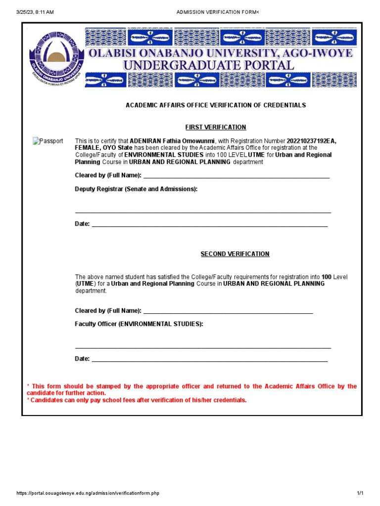 Admission Verification Notice | PDF