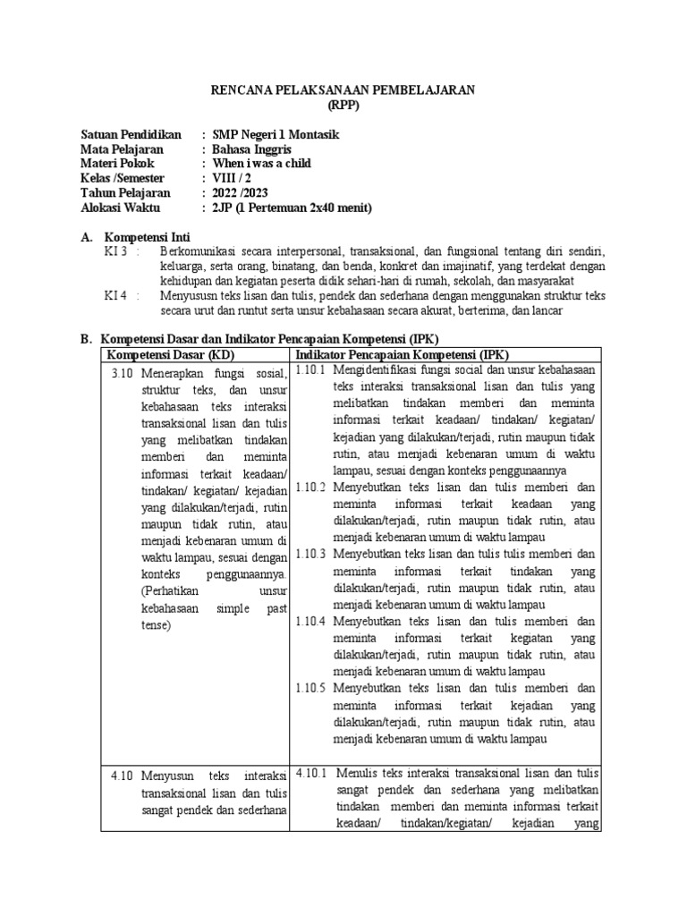 RPP Simple Past Tense Pertemuan 1 | PDF | Seni & Disiplin Bahasa