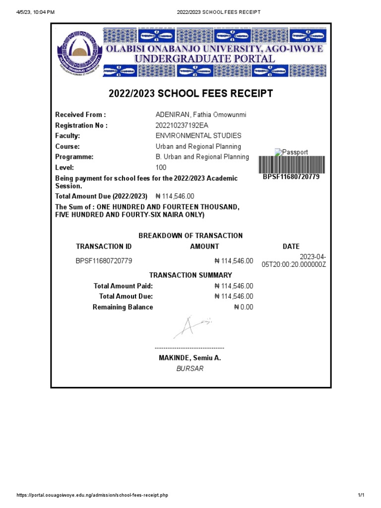 2022 - 2023 School Fees Receipt | PDF | Money | Business