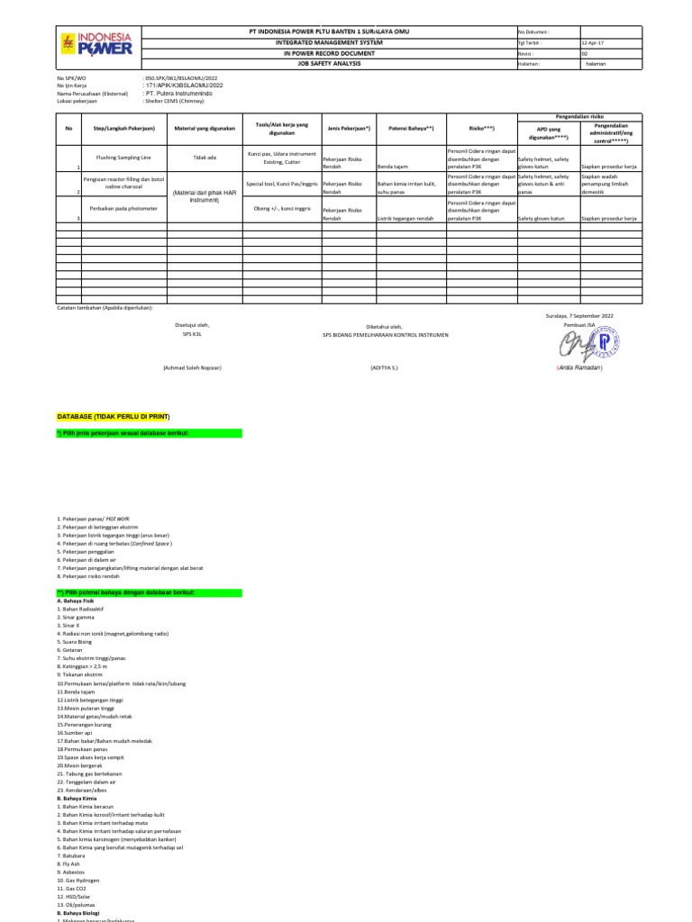 JSA Perbaikan Analyzer Suralaya 8 | PDF JSA Perbaikan Analyzer Suralaya 8 | PDF