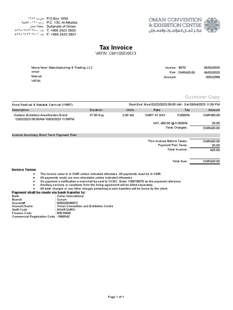 Muna Noor - OCEC Payment Plan Invoice | PDF | Invoice | Wire Transfer