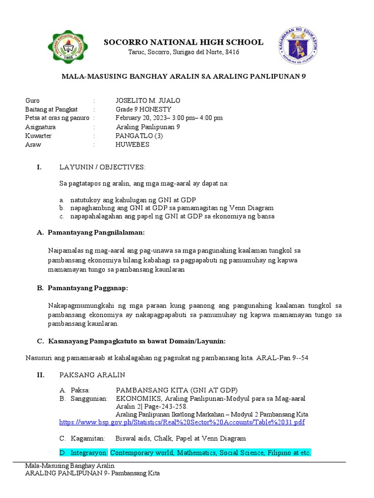 Pambansang Kita-Mala-Masusing Banghay Araling Panlipunan 9 | PDF