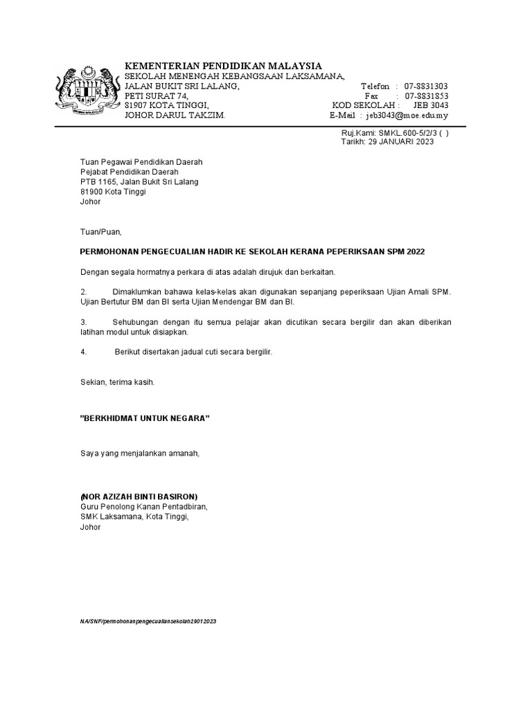 Surat Pengecualian Sekolah 2023 | PDF