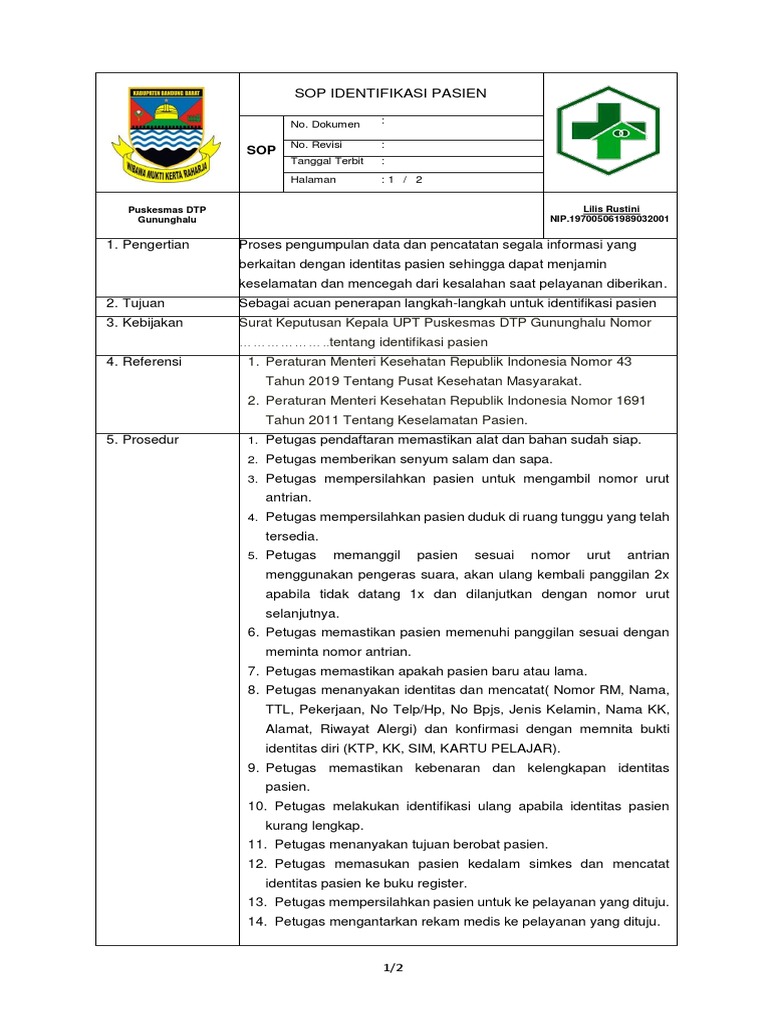 SOP Identifikasi Pasien Puskesmas DTP | PDF | Ilmu Sosial | Hukum