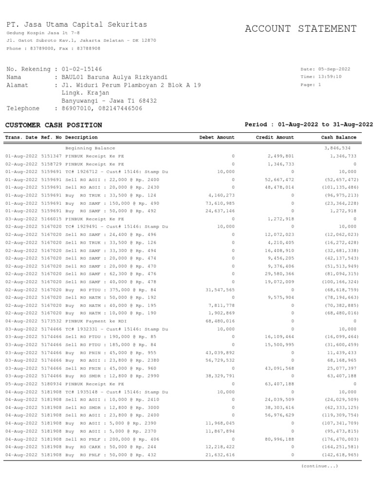 Account Statement: Customer Cash Position | PDF | Securities (Finance ...