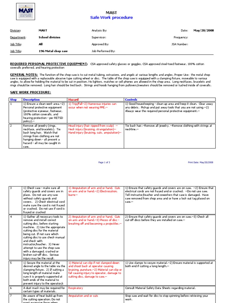 Cut Off Saw Machine Procedure | PDF | Personal Protective Equipment