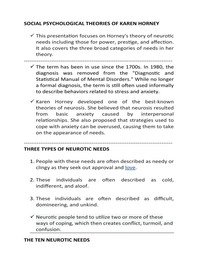 Karen Horney's Neurotic Needs Theory | PDF | Neurosis | Anxiety